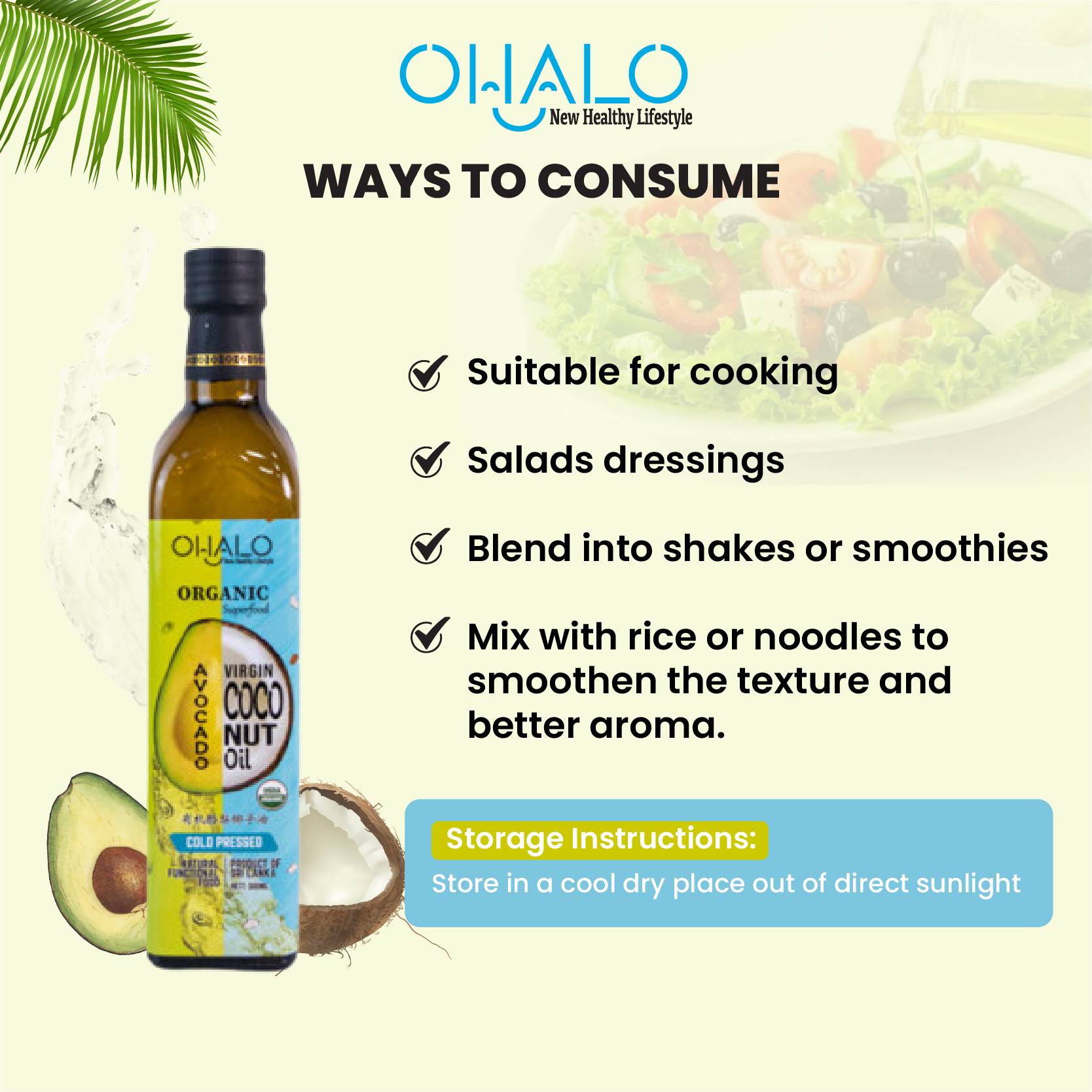 OHALO Organic Virgin Coconut Oil + Avocado Oil 500ml